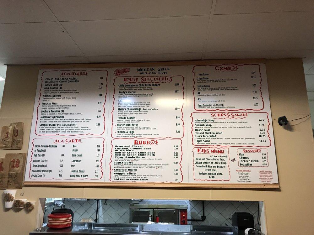 Menu at Matta's Mexican Grill restaurant, Mesa, N Higley Rd