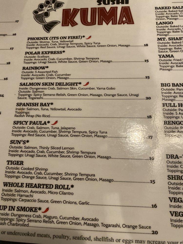 Menu at Sushi Kuma restaurant, Monterey