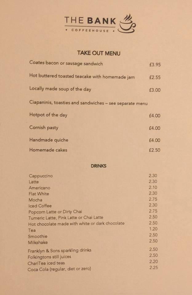 Menu at The Bank Coffee House, Barton-under-Needwood