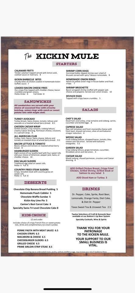Menu at The Kickin Mule pub & bar, Canton