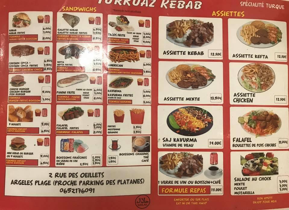 Menu at Turkuaz Kebab restaurant, Argelès-sur-Mer