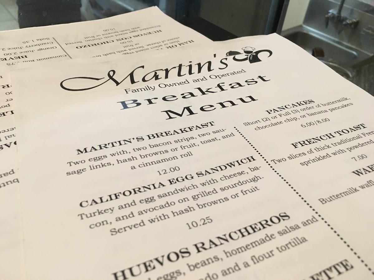Menu at Martin’s Kitchen restaurant, Redwood City, Middlefield Rd