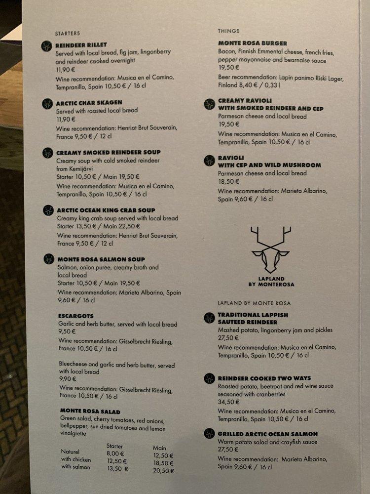 Menu at Ravintola Monte Rosa restaurant, Rovaniemi