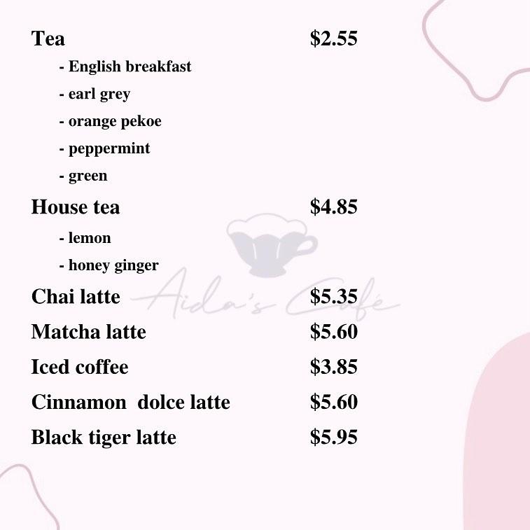 Menu at Aida’s cafe, Sackville