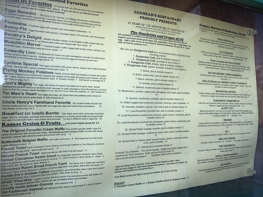 Menu at Egghead's Restaurant, Fort Bragg