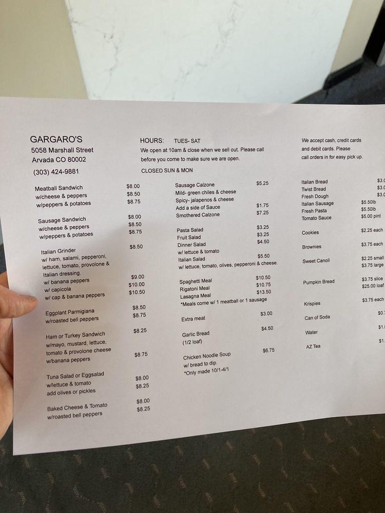 Menu at Gargaro's restaurant, Arvada
