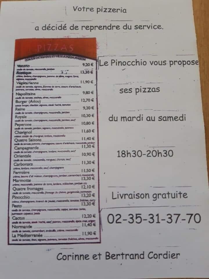 Menu au Le Pinocchio pizzeria, Lillebonne