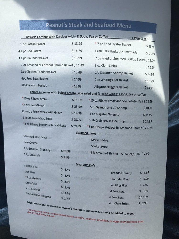 Menu at Peanut's Steak and Seafood steakhouse, Spotsylvania Courthouse