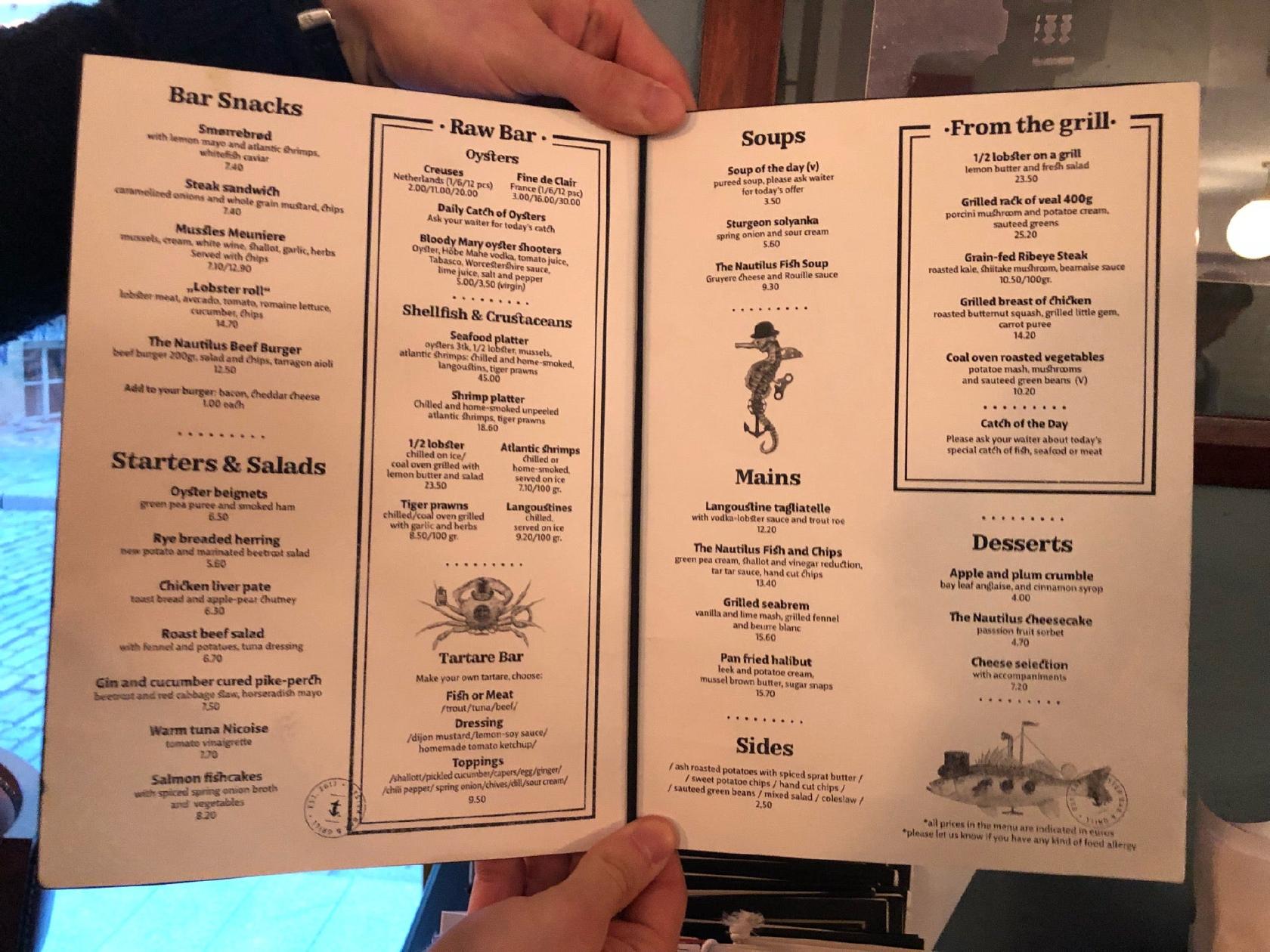 Menu at The Nautilus restaurant, Tallinn