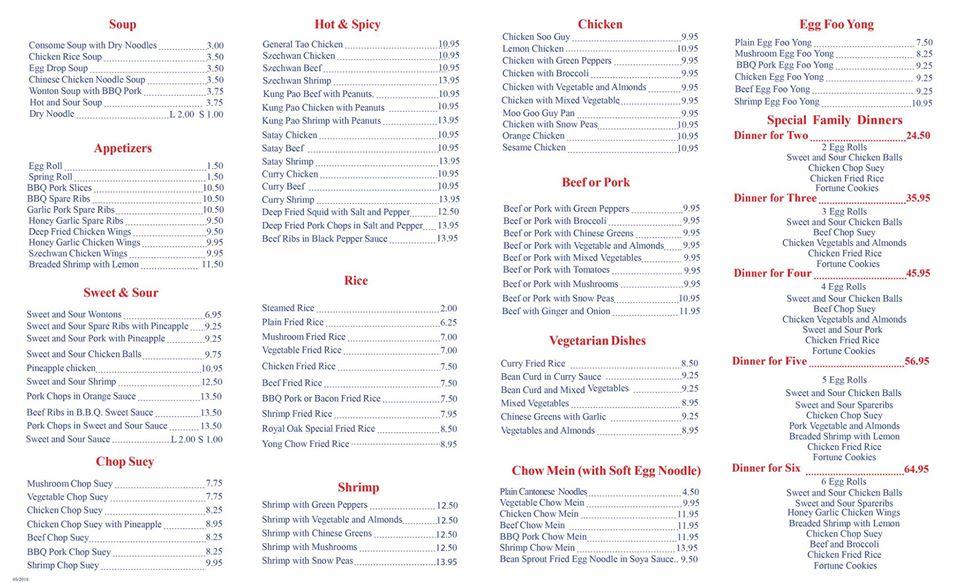 Menu at Royal Oak Restaurant, Orillia