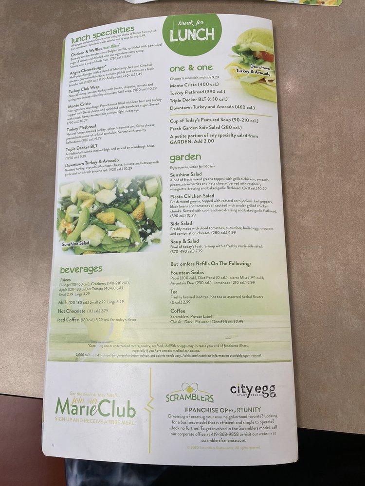 Menu at Scramblers restaurant, Lancaster