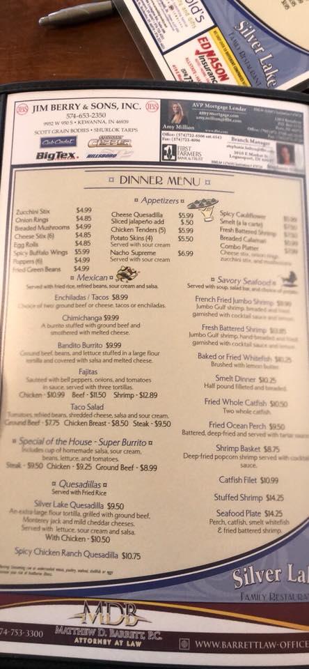 Menu at Silver Lake restaurant, Logansport
