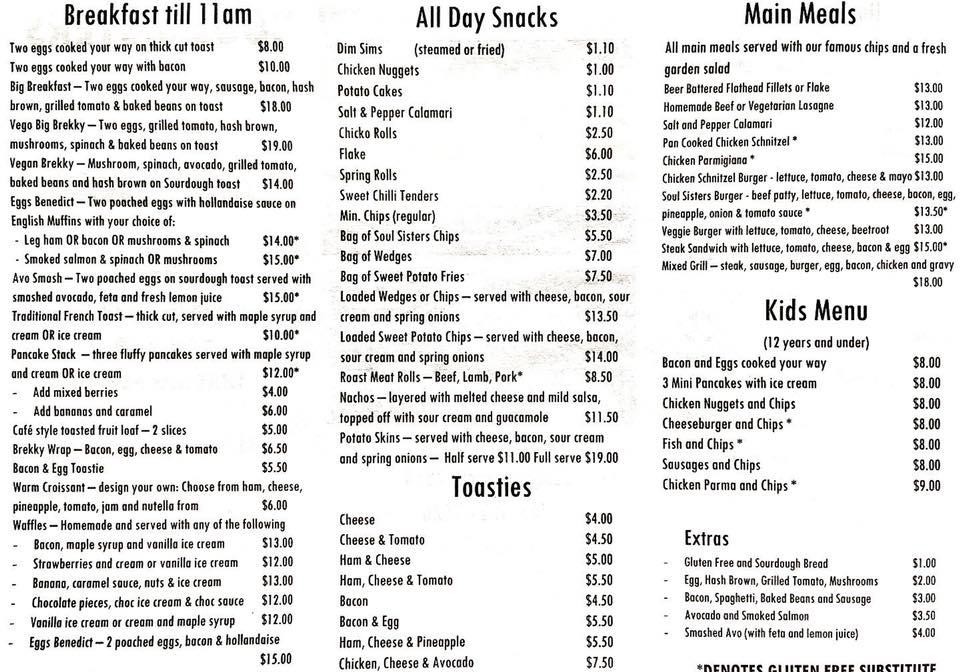 Menu at Soul Sisters Cafe, Longwarry