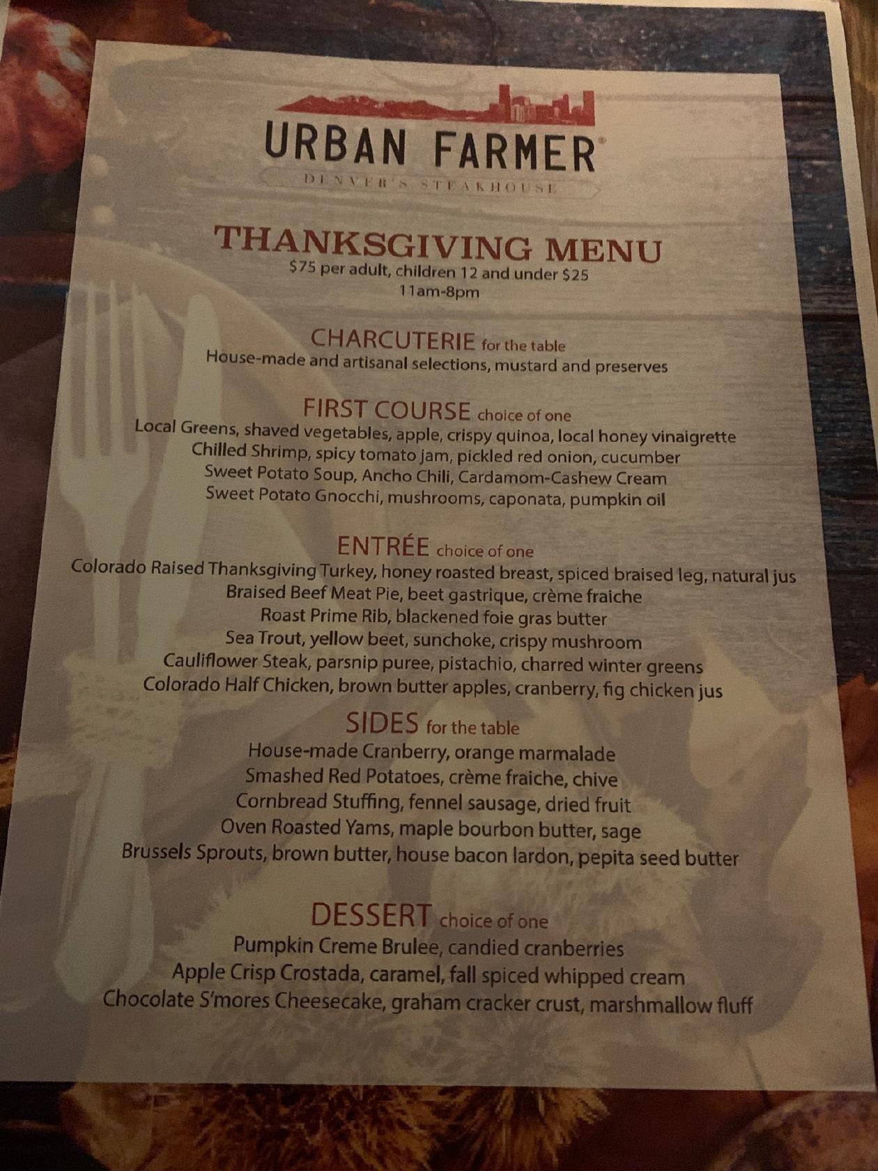 Menu at Urban Farmer Denver steakhouse, Denver, Wazee St