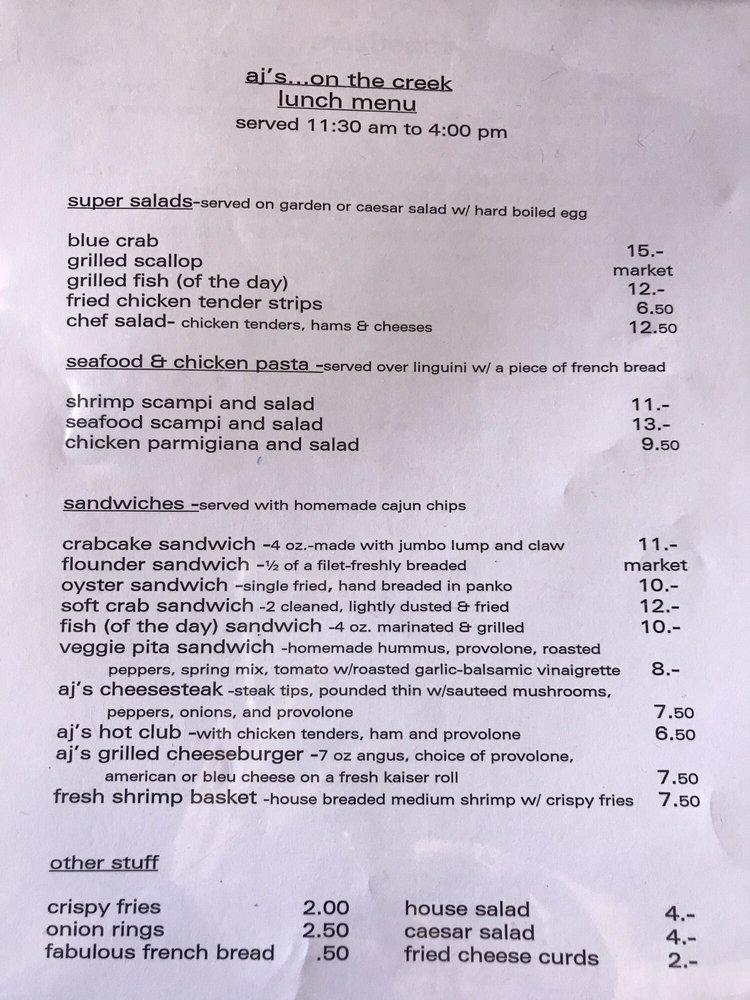 Menu at AJ's on the Creek steakhouse, Chincoteague Island