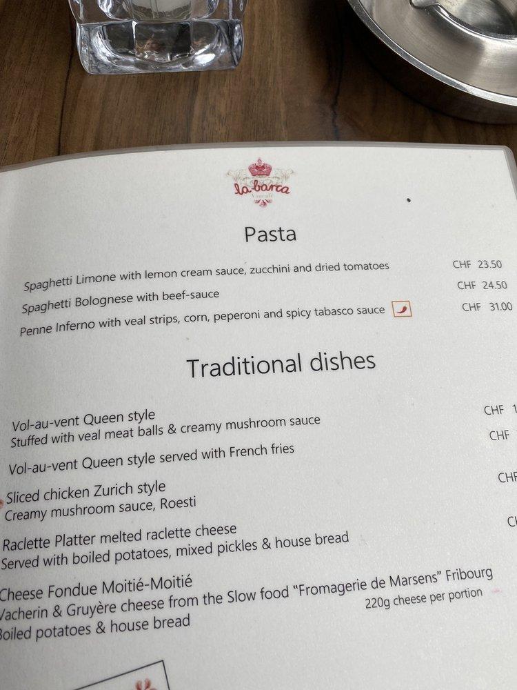 Menu at La Baracca, Lucerne, Theaterstrasse 7