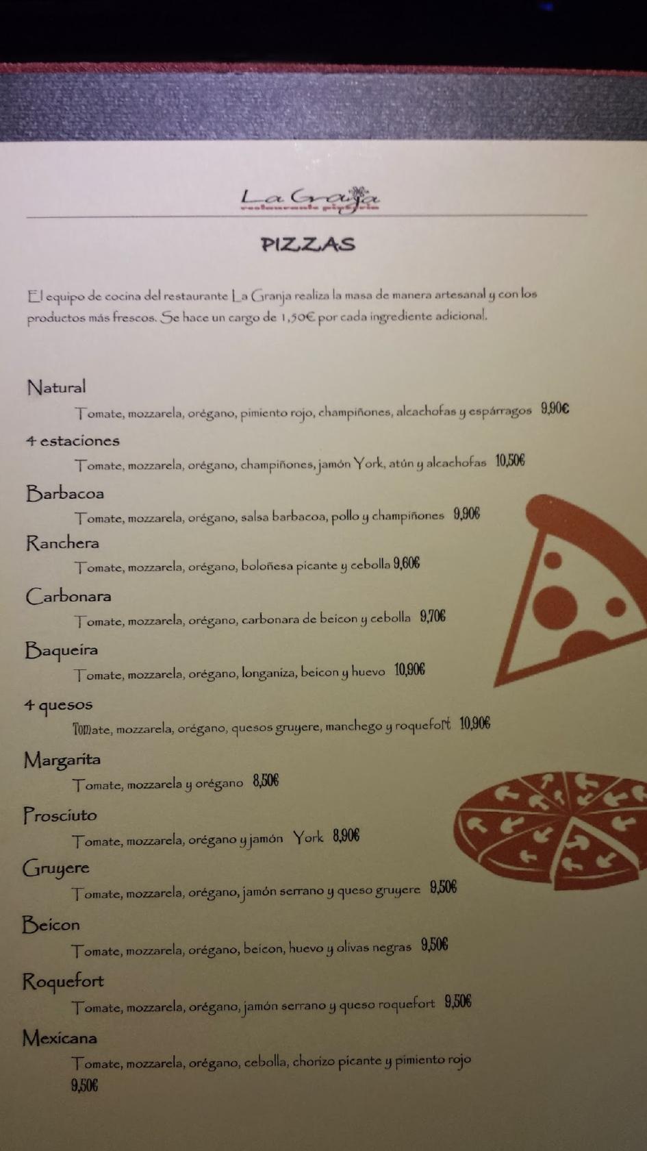Menu at La Granja Baqueira pizzeria, Baqueira