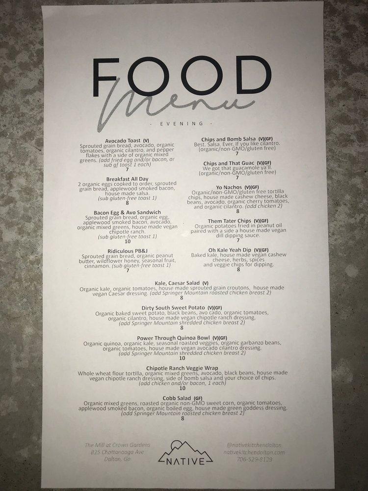 Menu at Native Kitchen cafe, Dalton
