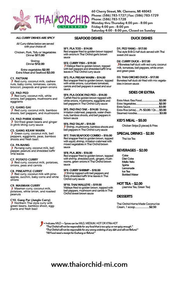 Menu at Thai Orchid Cuisine restaurant, Mount Clemens