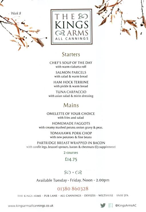 Menu at The Kings Arms pub & bar, All Cannings