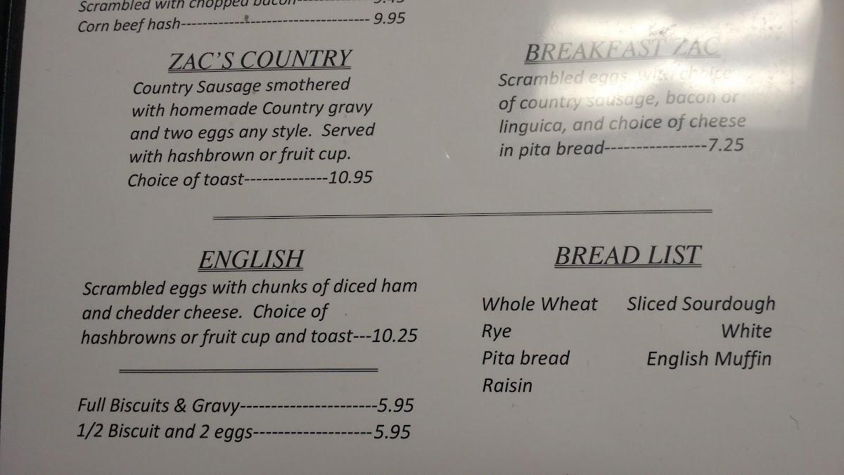 Menu at Zac's Cafe, Dublin