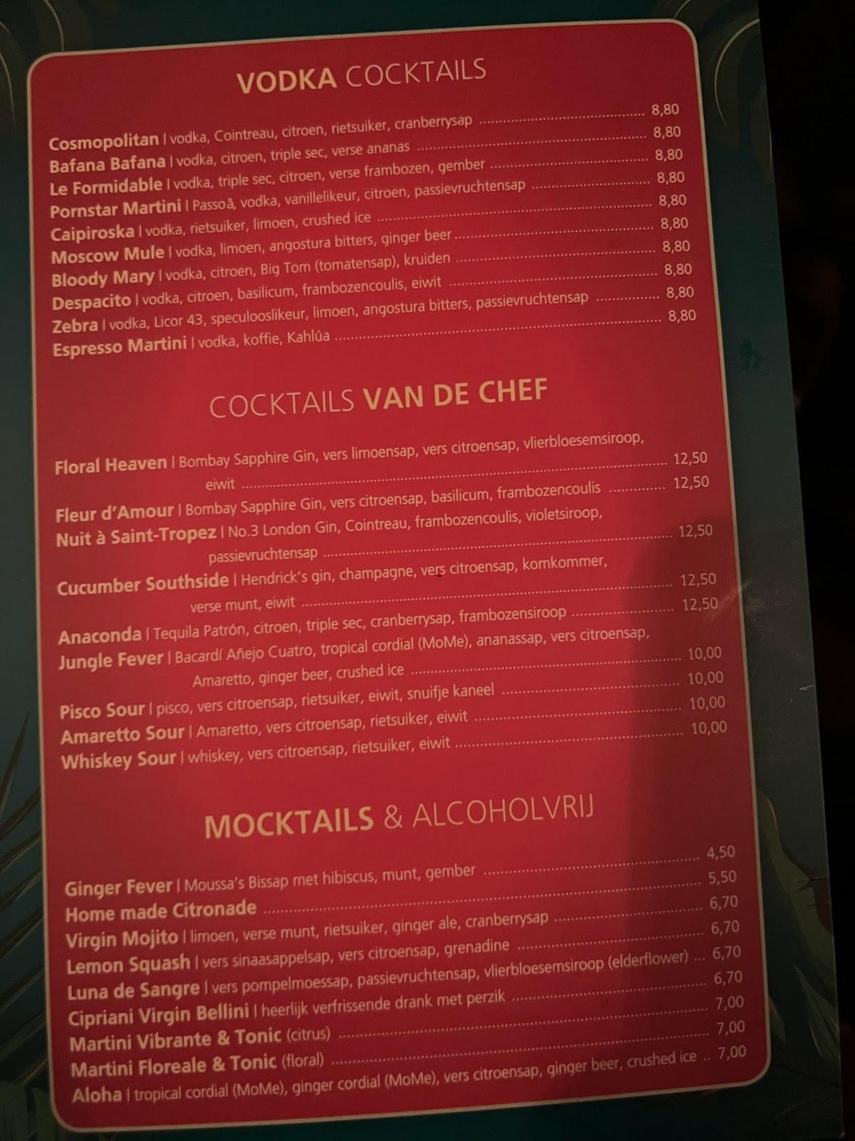 Menu at De Zoo van Gent, Ghent