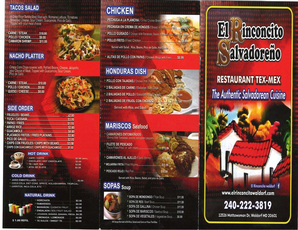 Menu at El Rinconcito Salvadoreño restaurant, Waldorf