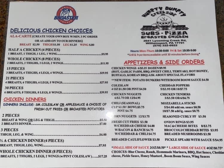 Menu at Humpty Dumpty Creek Side pizzeria, Williamsport