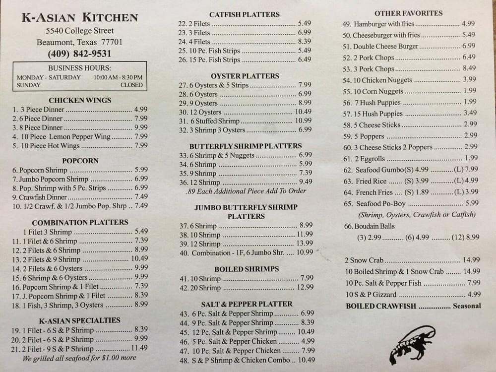 Menu at K Asian Kitchen restaurant, Beaumont, College St