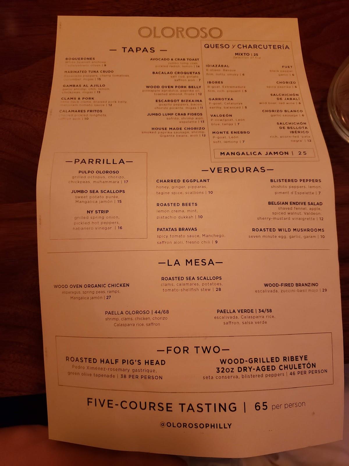 Menu at Oloroso pub & bar, Philadelphia