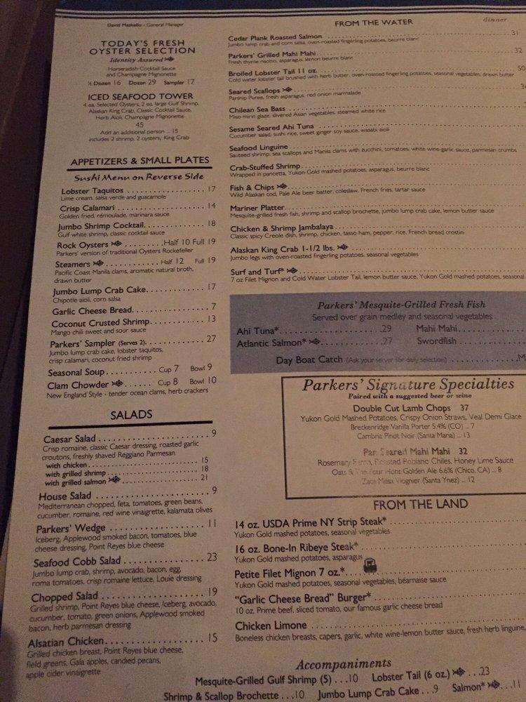 Menu at Parkers' Lighthouse pub & bar, Long Beach