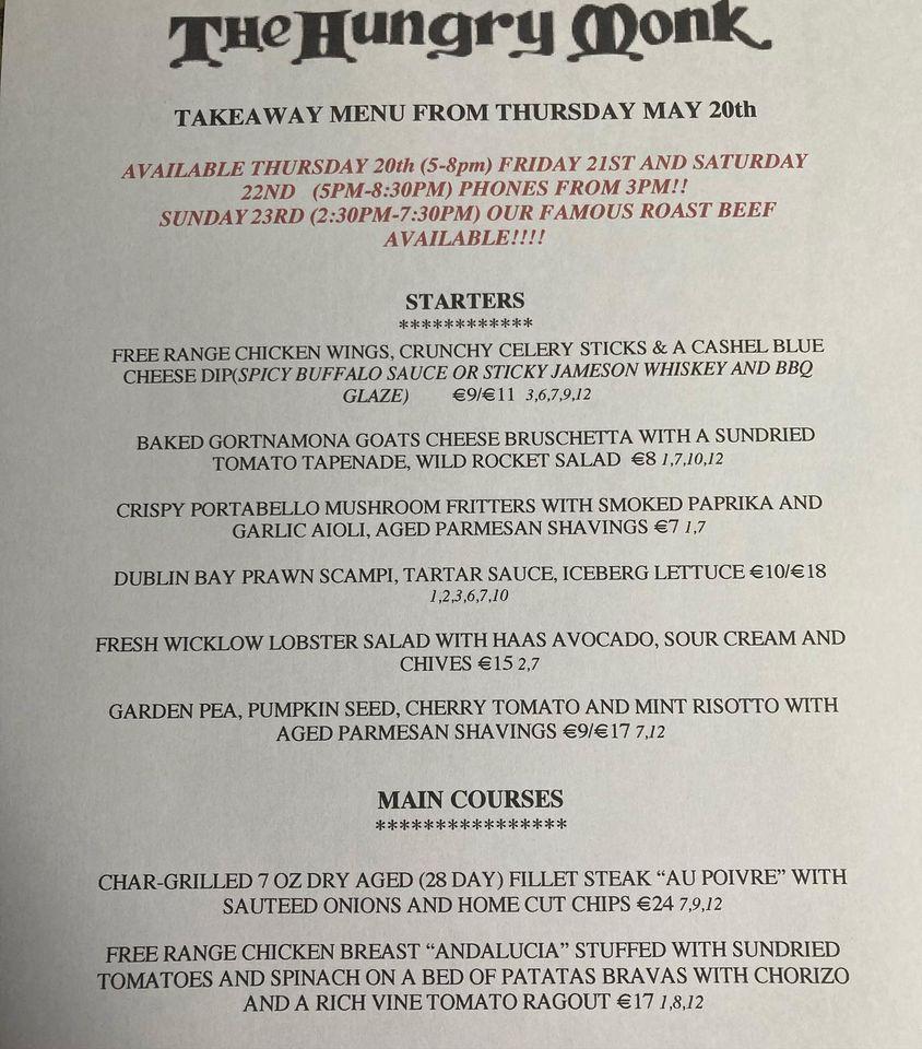 Menu at The Hungry Monk restaurant, Greystones