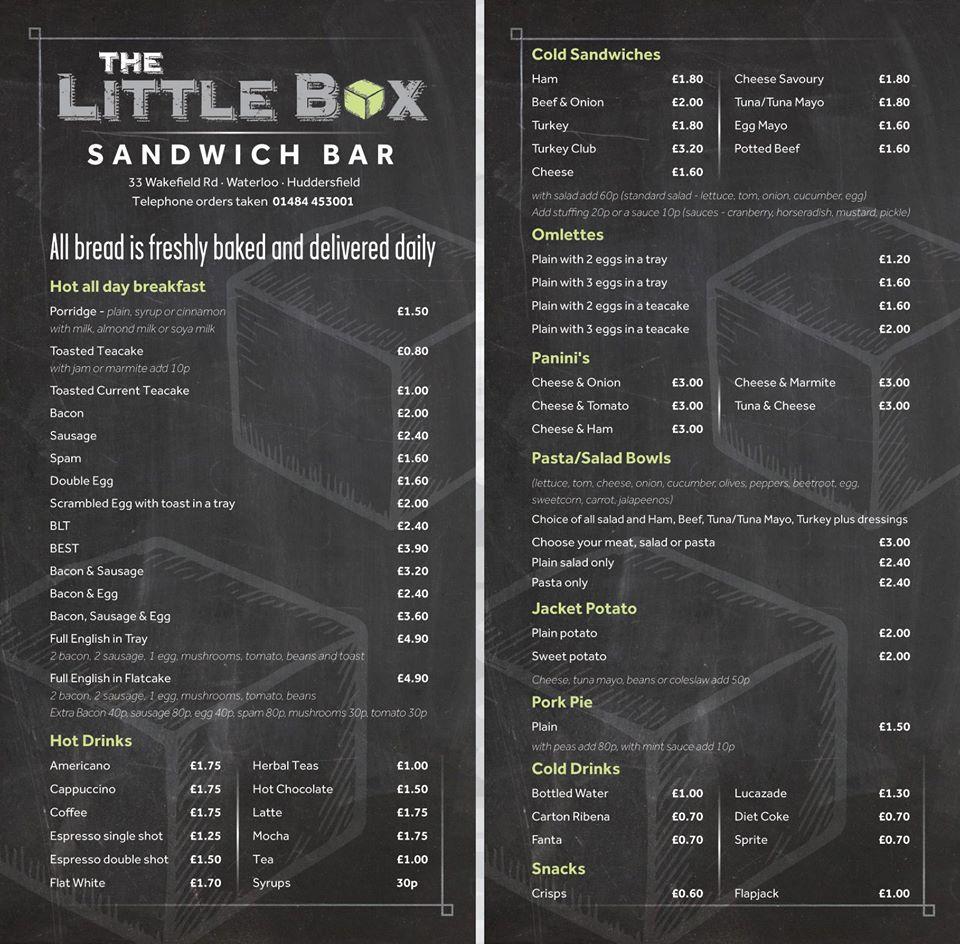 Menu at The Little Box Sandwich Bar, Huddersfield