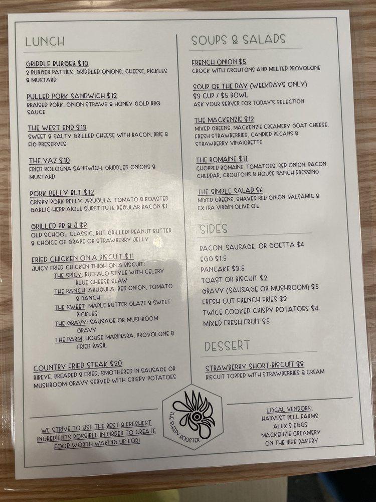 Menu at The Sleepy Rooster restaurant, South Russell