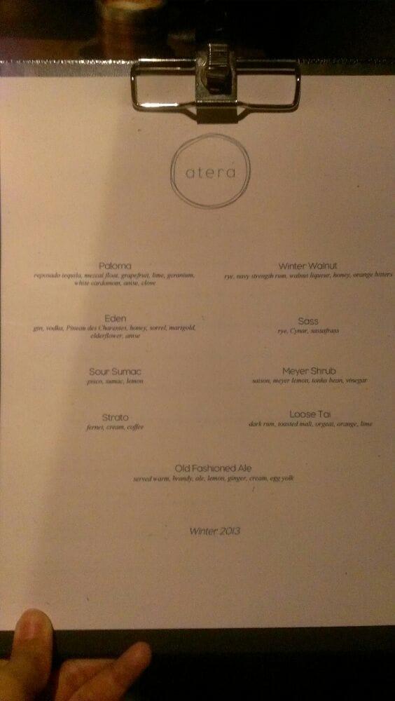 Menu at Atera restaurant, New York City