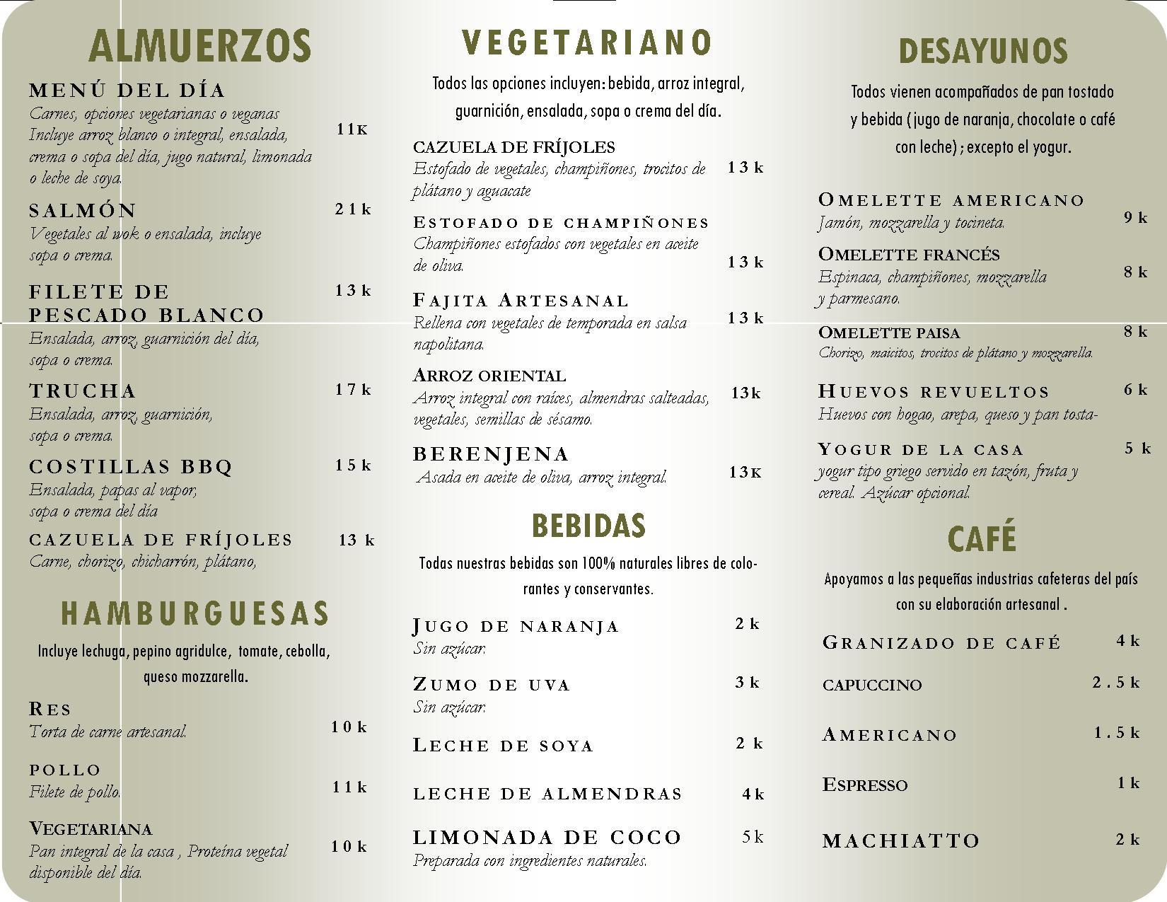 Menu at Delicias al Natural restaurant, Medellín, 55 - 35 Carrera 43