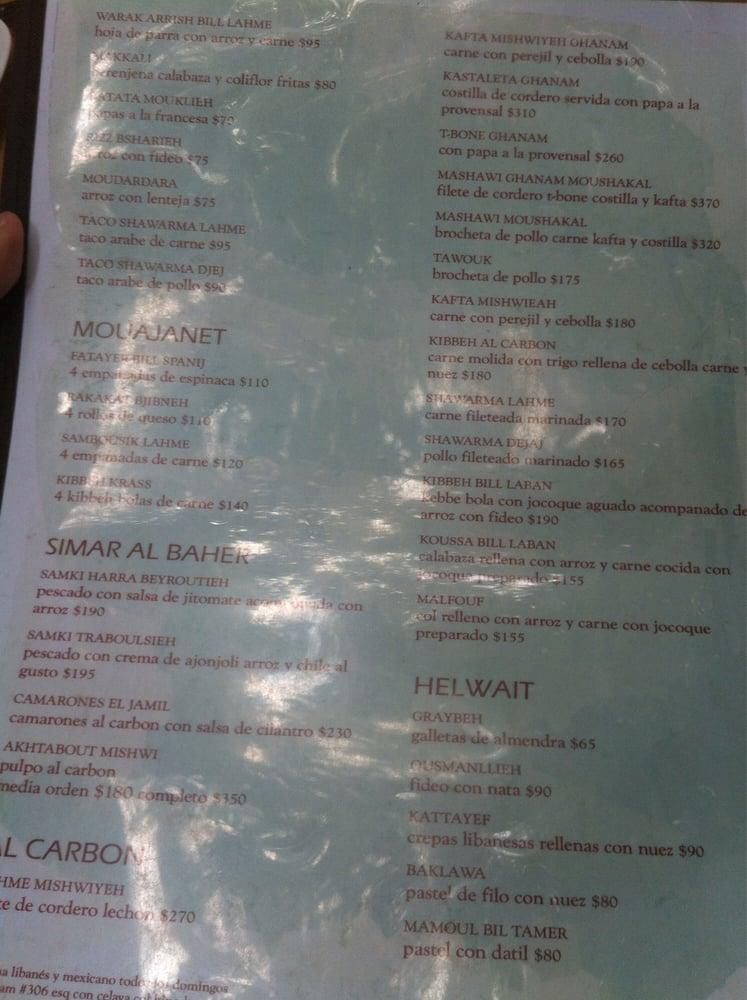 Menu at El Jamil restaurant, Mexico City