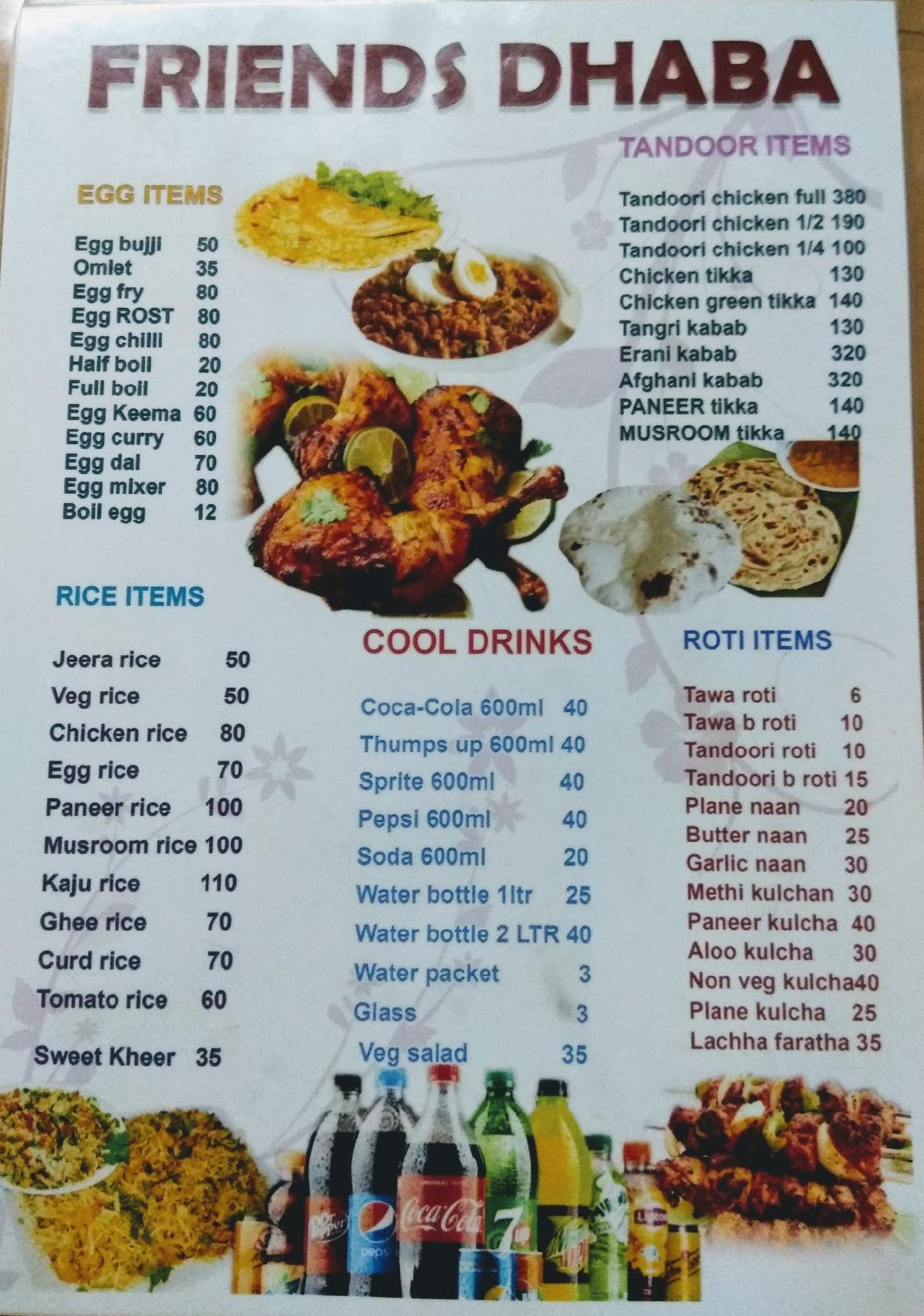 Menu at Friends Dhaba, Tada