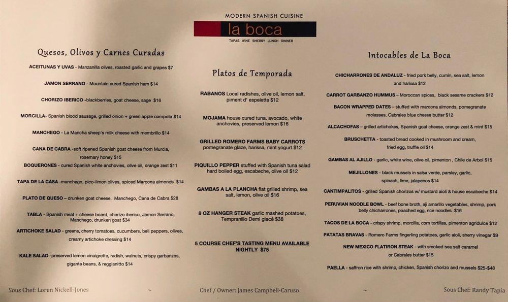 Menu at La Boca pub & bar, Santa Fe