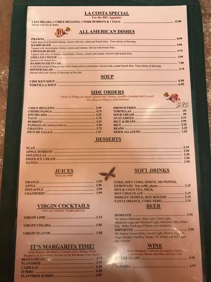 Menu at La Costa Mexican Restaurant, Crossville