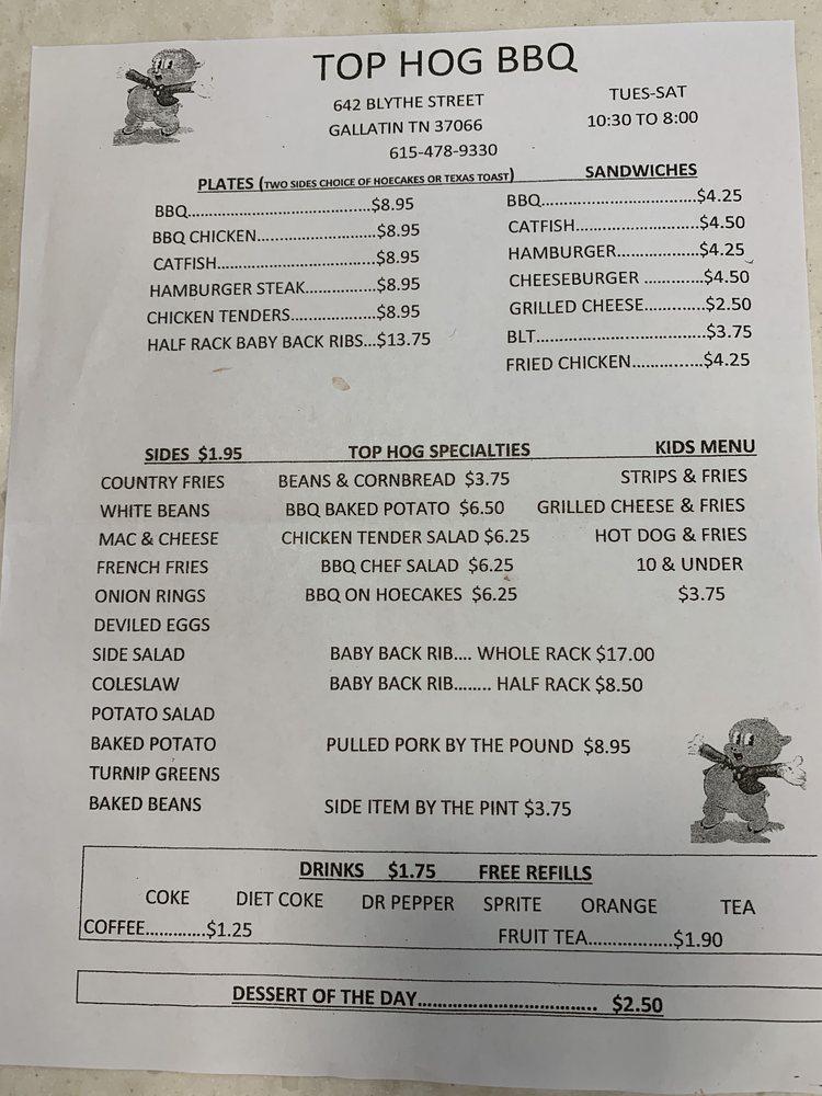 Menu at Top Hog BBQ, Gallatin