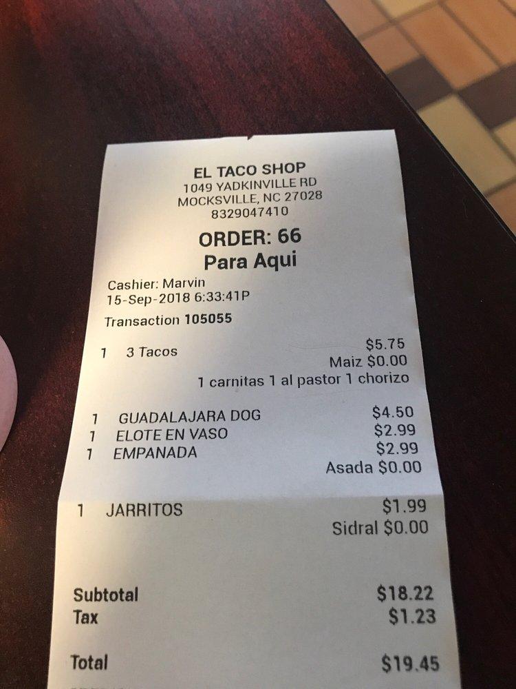 Menu at El Taco Shop restaurant, Mocksville