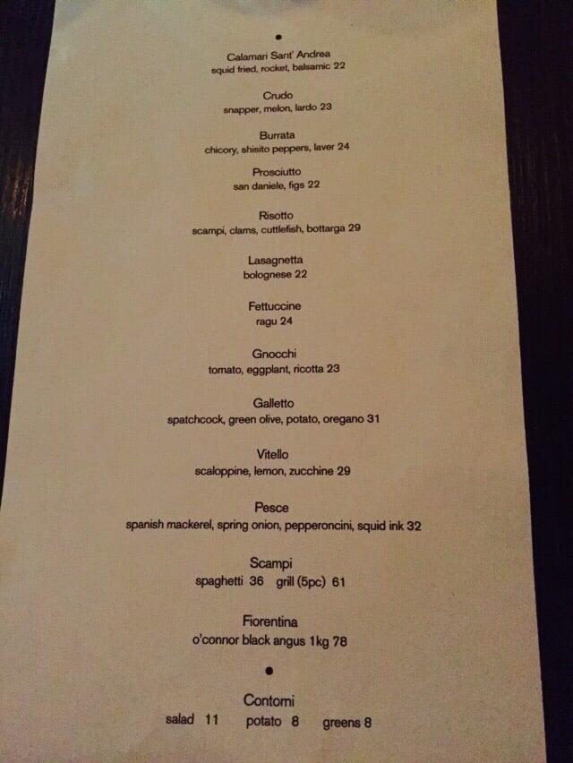 Menu at Fratelli Paradiso restaurant, Potts Point
