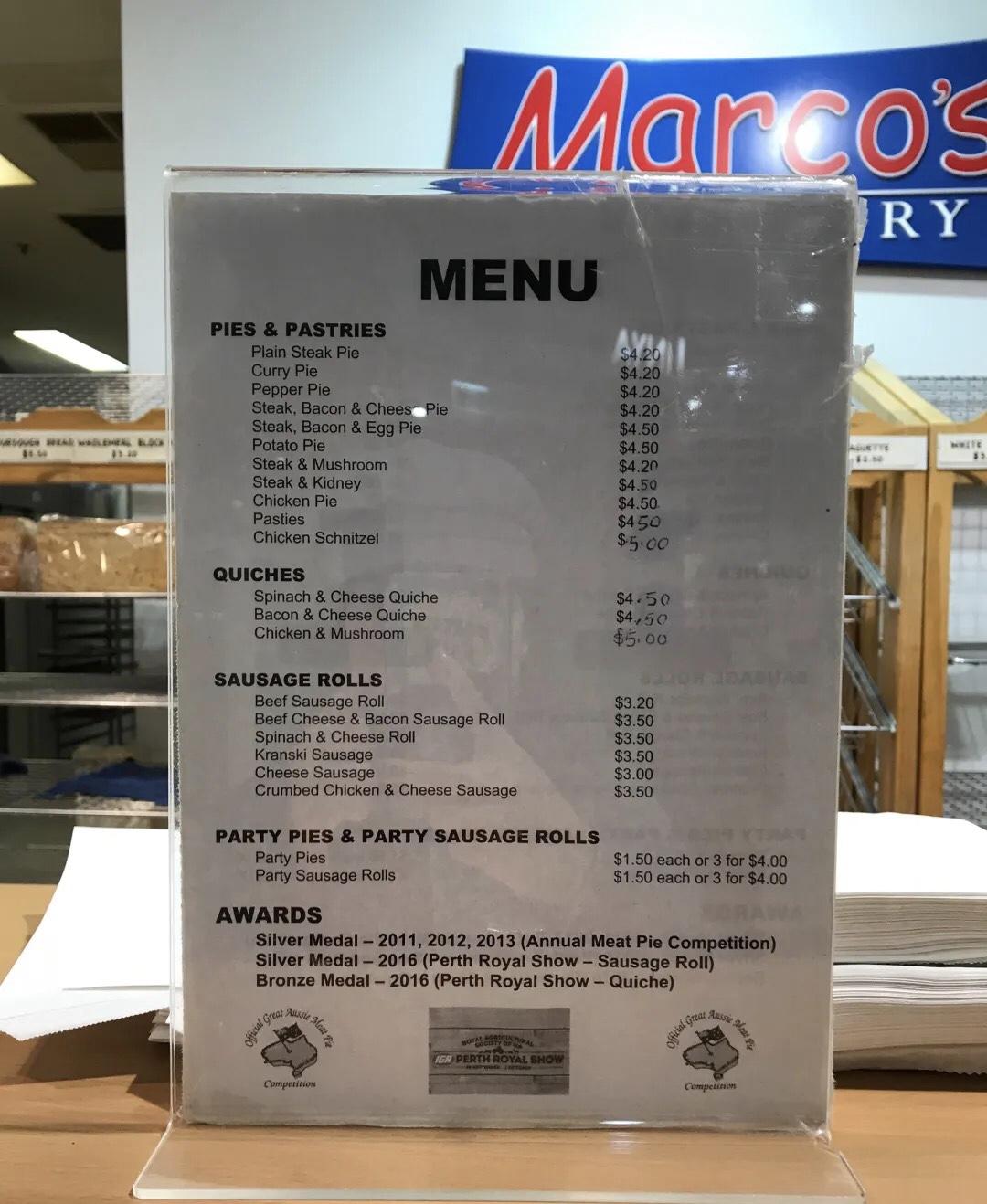 Menu at Marco's Bakery, Victoria Park
