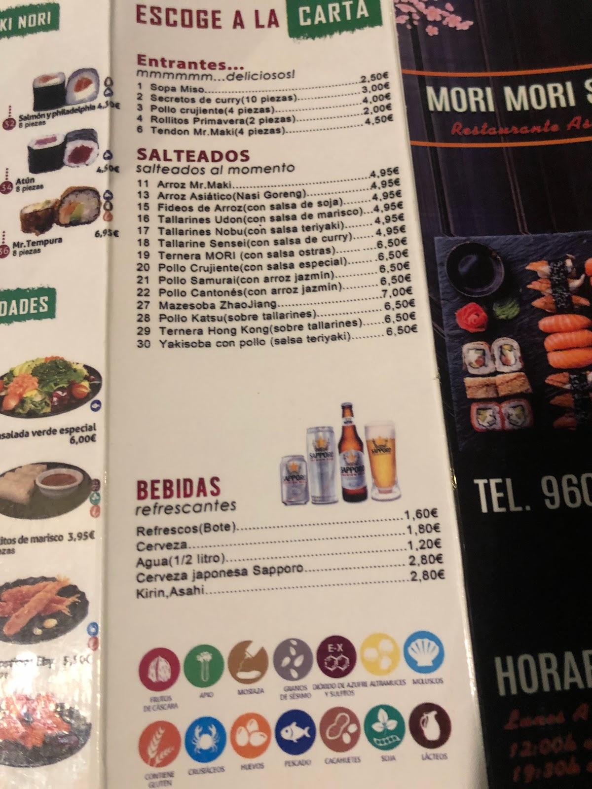 Menu at Mori Mori Sushi restaurant, Valencia