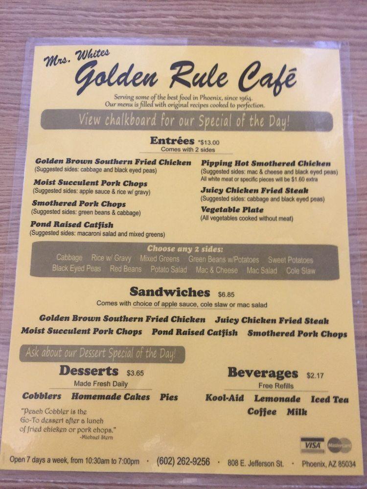 Menu at Mrs. White's Golden Rule Cafe, Phoenix