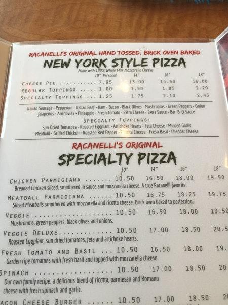 Menu at Racanelli's Pizza pizzeria, St. Peters