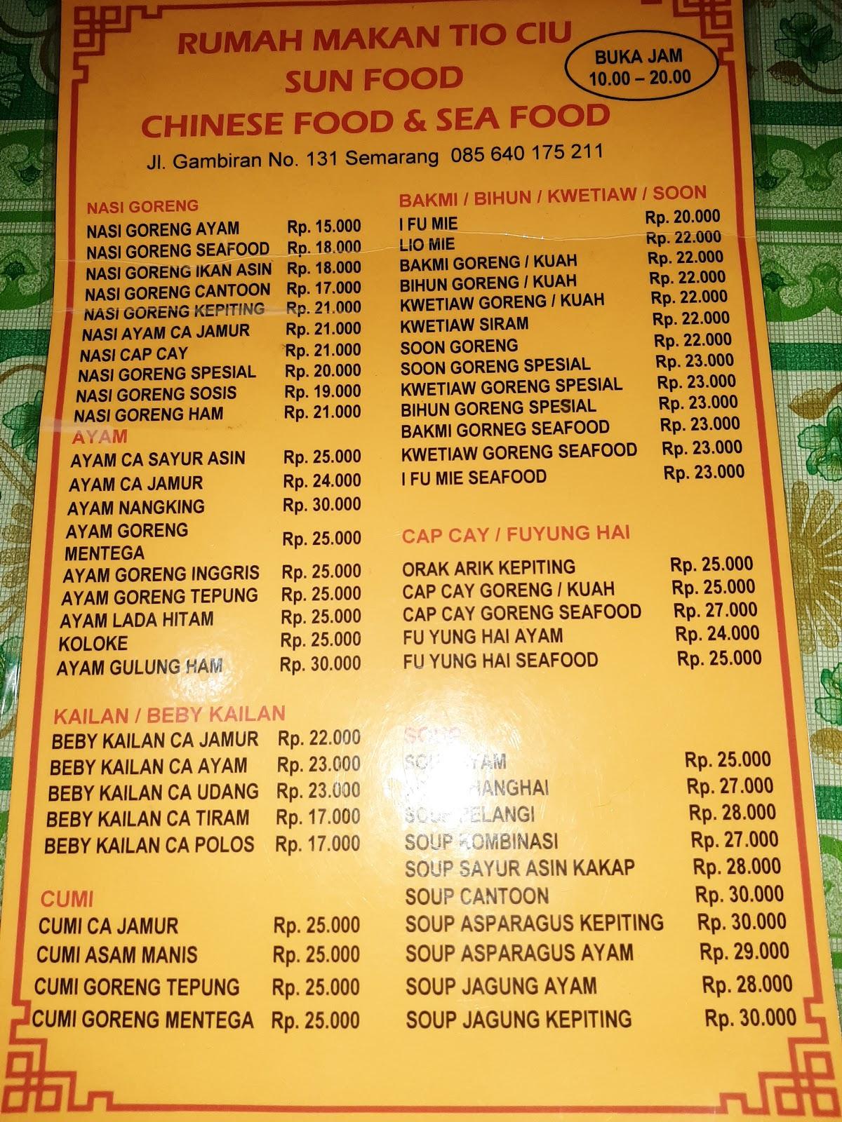 Menu at Rumah Makan Sun Food, Semarang