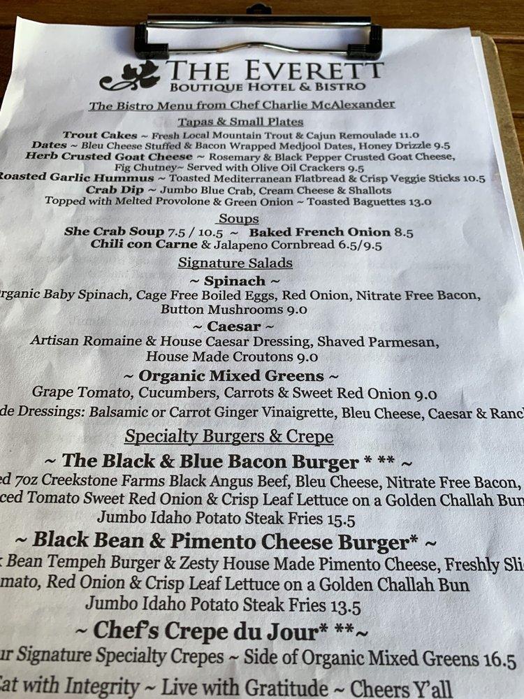 Menu at The Bistro at the Everett Hotel cafe, Bryson City