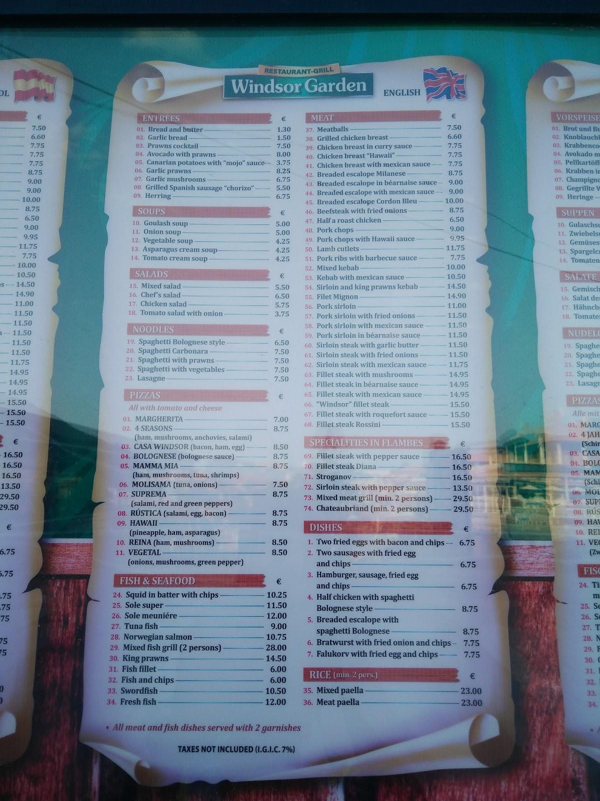 Menu at Windsor Garden Restaurant / Pizzeria, Maspalomas